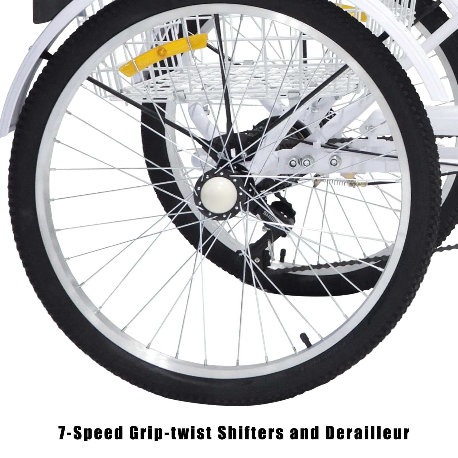 UNIKAT 24Inch Adult Tricycle - 7 Speed Three Wheel Beach Cruise with Low-Step Through Frame Large Cargo Basket Backrest Saddle - Complete Cruiser Bikes for Men Women Seniors (White)