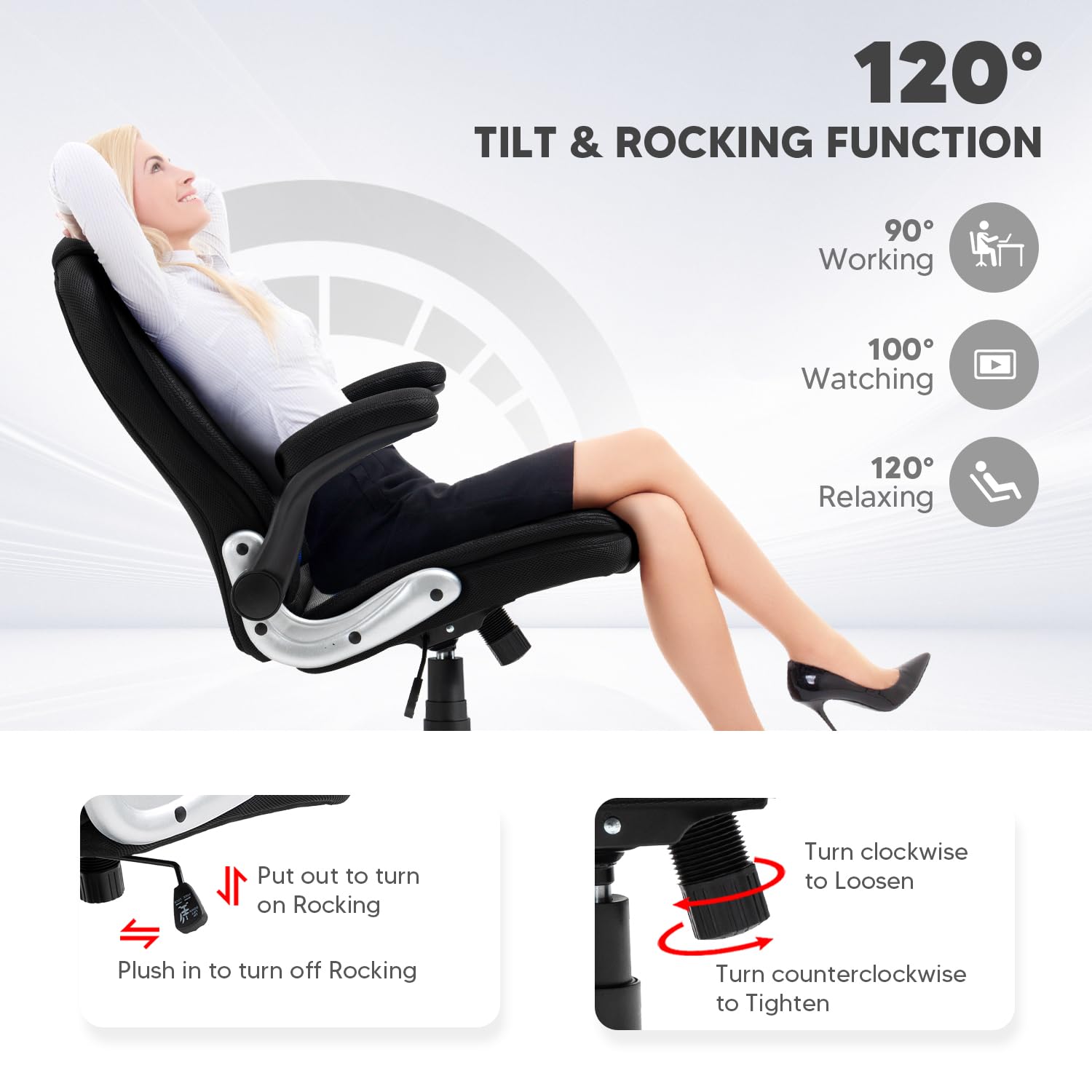 SEATZONE Ergonomic Office Chair, High Back PU Leather Comfortable Desk Chair with Flip-up Armrests, Computer Chair for Adults, Black