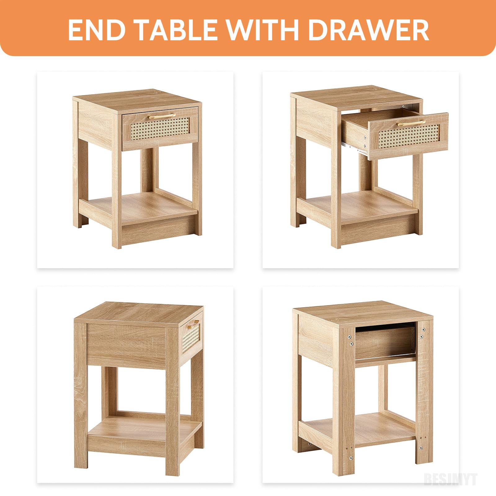 Nightstand with 1 Drawer, Modern Rattan End Table with Drawer and Solid Wood Legs,Side Table with 1 Open Storage Space for Living Room Bedroom, Natural