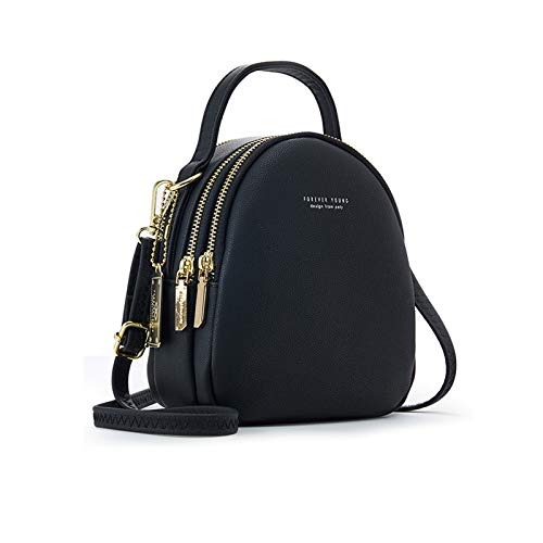 PORRASSO Mini Backpack Women Fashion Handbag Waterproof Cross-body Bag with Earphone Hole Ladies Leather Daypack Dating Travel Small Rucksack Black