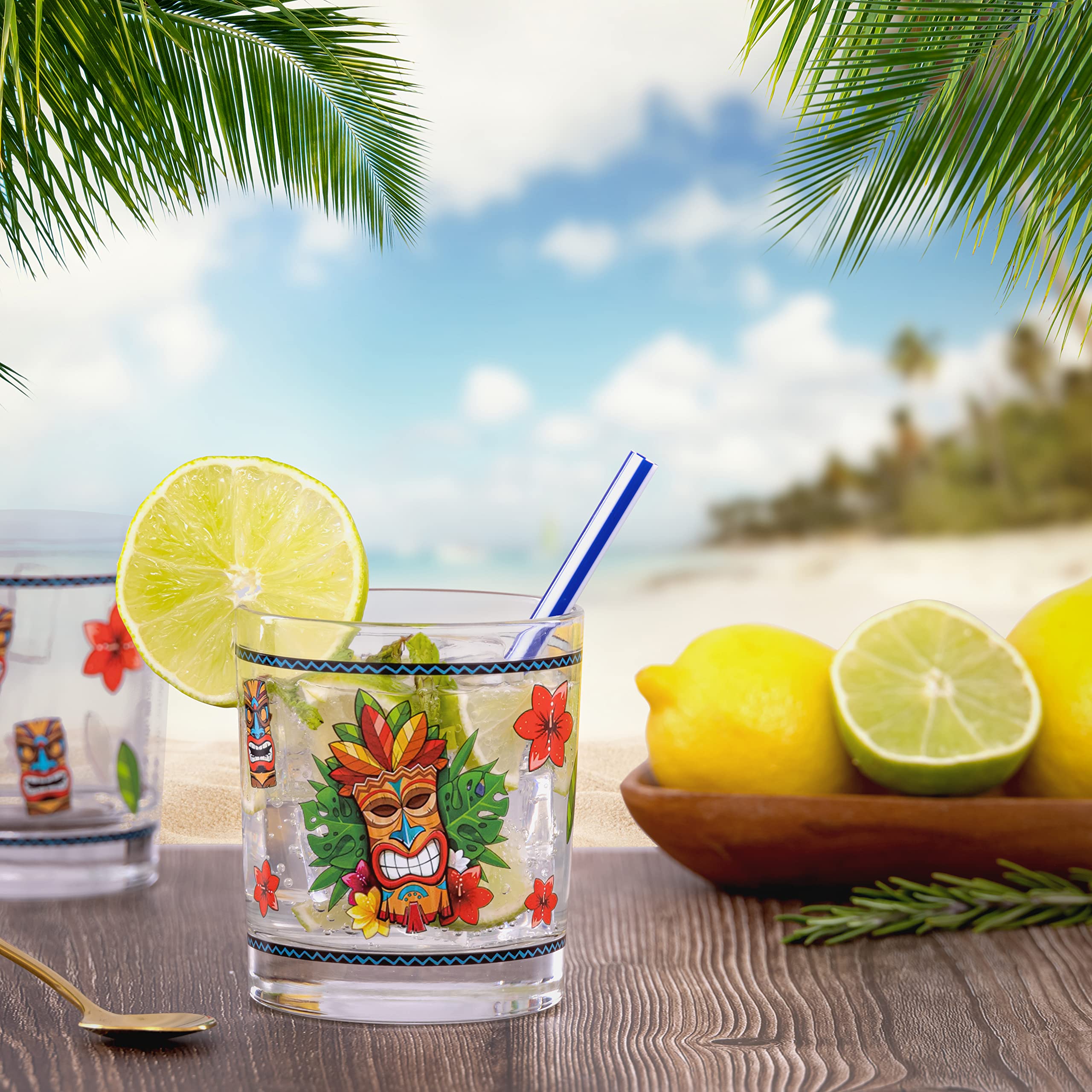 Tiki Cocktail Glasses Set of 4-10.5 Ounce Rocks Drinking Cups | Exotic Hawaiian Luau Party Barware