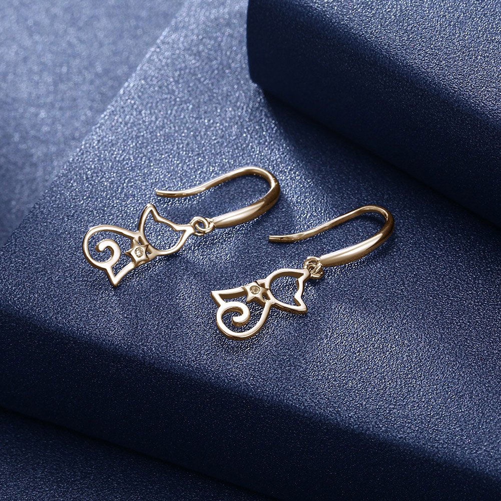New Cat CZ Dangle Drop Earrings for Women Teen Girls Crystal Cute Dangling Hypoallergenic (Gold)