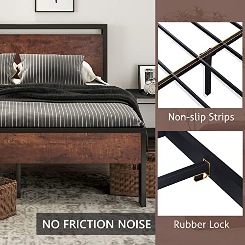 SHA CERLIN 14 Inch Full Size Metal Platform Bed Frame with Wooden Headboard and Footboard, Mattress Foundation, No Box Spring Needed, Large Under Bed Storage, Light Mahogany