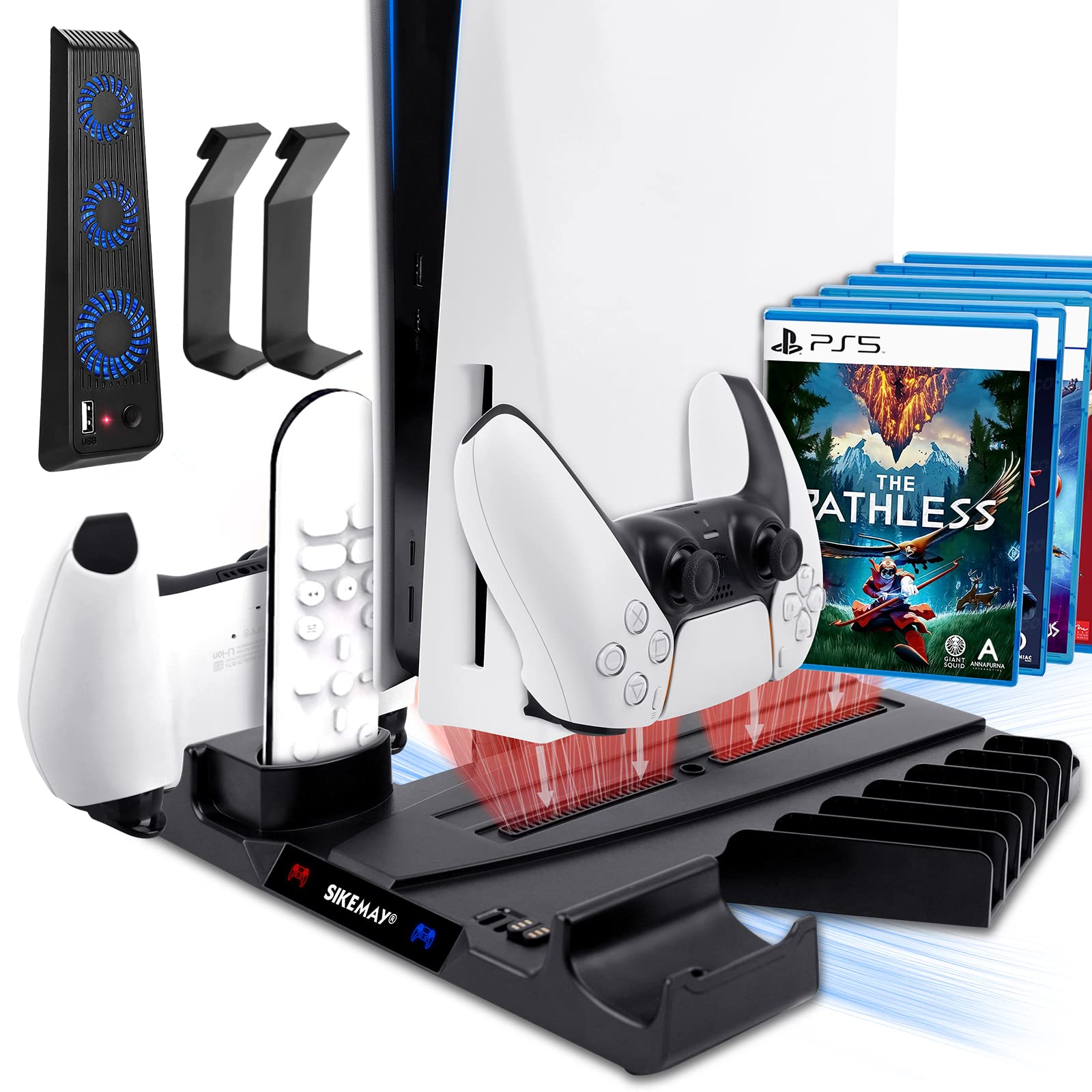 SIKEMAY PS5 Slim Stand Cooling Station for PlayStation 5 Slim Console Vertical Accessories with 2H Fast Dual Controller Charging and Silent Fan (White+Black)