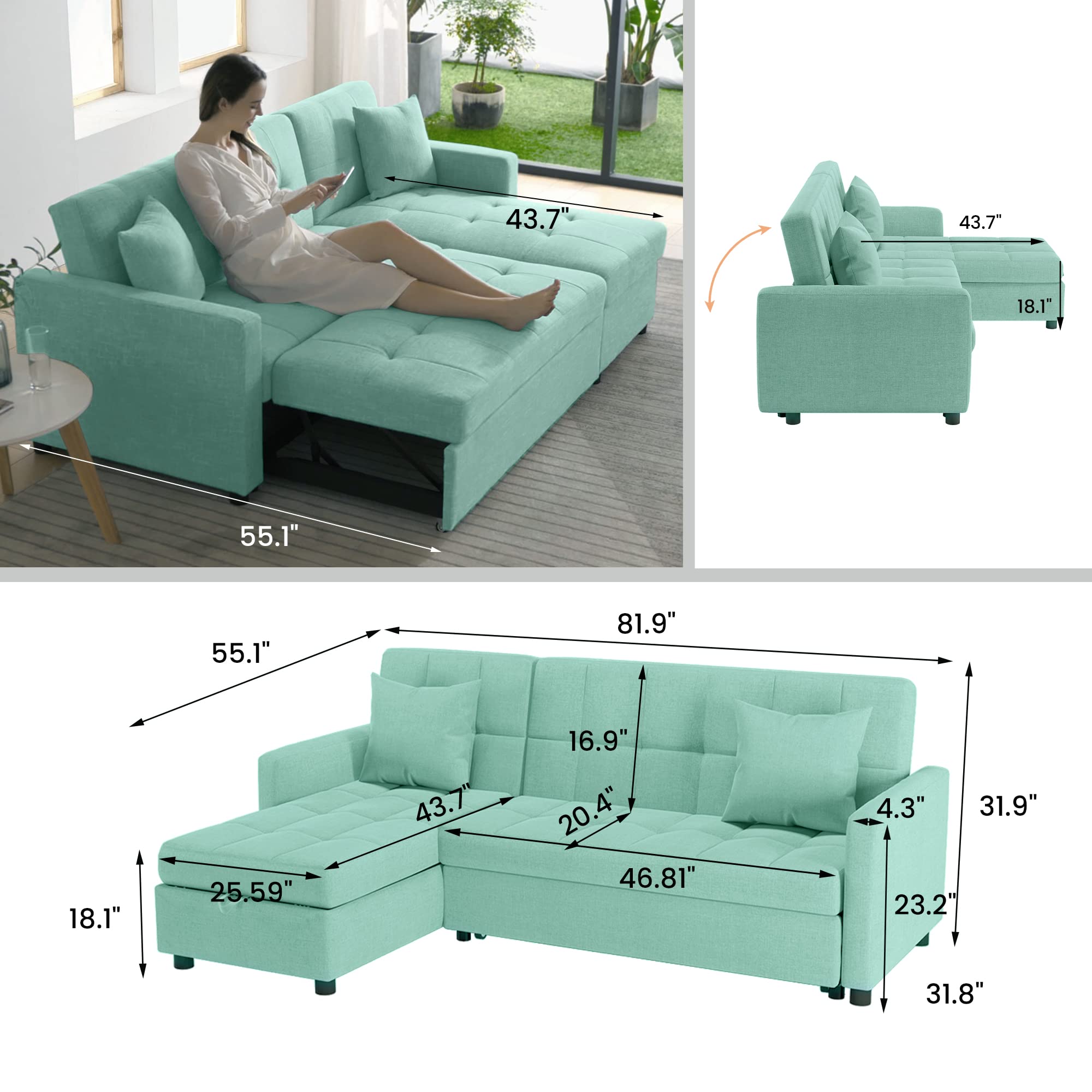 POVISON Reversible Sectional Sofa Sleeper, 82'' Wide Sectional Couch Pull-Out Sofa Bed L-Shape Upholstered Sofa Bed with Storage Chaise for Living Room (Green)