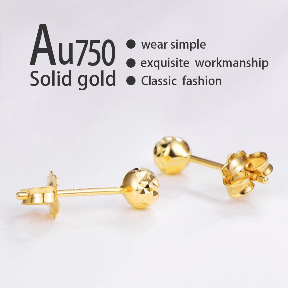 Solid 18k Gold Ball stud Earrings for Women Real Gold, Dainty Diamond-Cut Yellow Bead Push Back Tiny Gift for Lady, Rose Gold With Certificate Fine Bride Jewelry Birthday Wedding Prom Party, 5MM