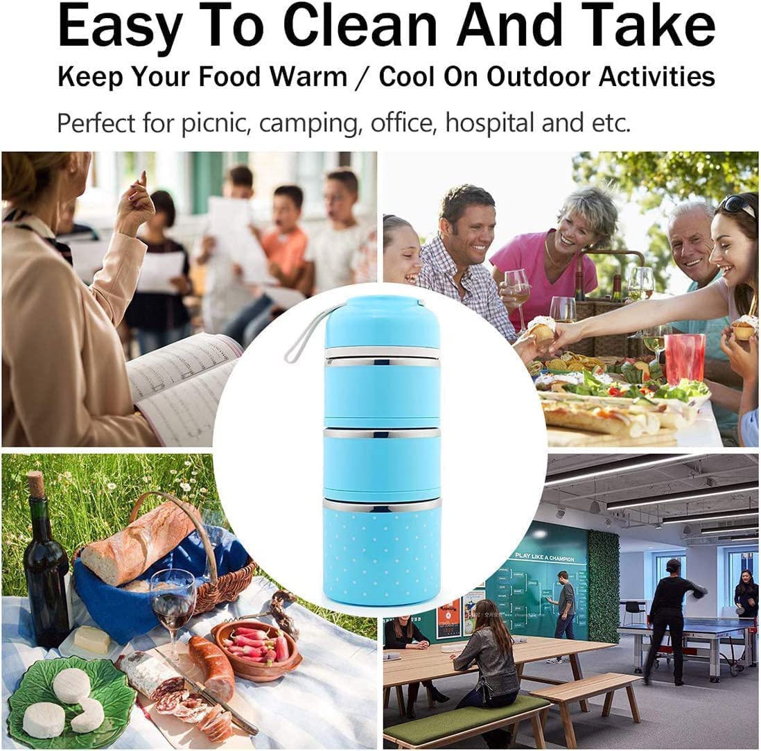 TiLeMiun 3-Tier Thermal Lunch Box For Food, Portable Insulated Lunch Container, Stackable Bento Lunch Box For Aldults To Work, Leakproof Stainless Steel Food Container With Bag & Utensils (Blue 71oz)