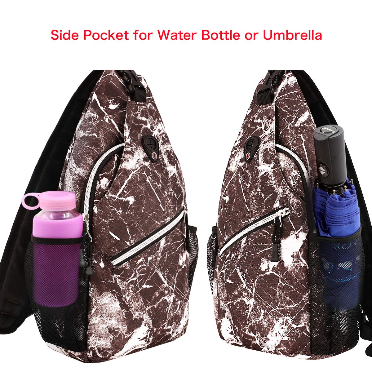 MOSISO 13 inch Sling Backpack, Multipurpose Hiking Daypack Outdoor Rope Crossbody Chest One Shoulder Bag, Brown Marble
