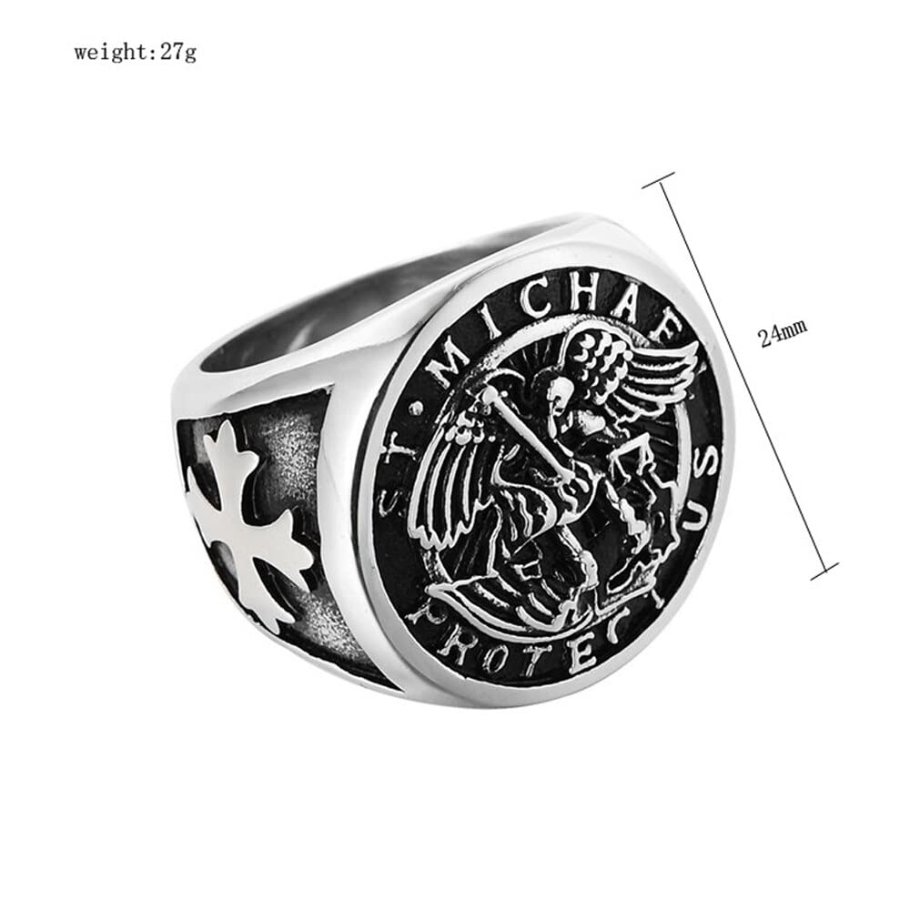 Vintage Stainless Steel Angel Michael Ring for Men Boy Punk Christian Knight Saint Michael Protect Us Ring Jewelry Gift, Between Gold, 11
