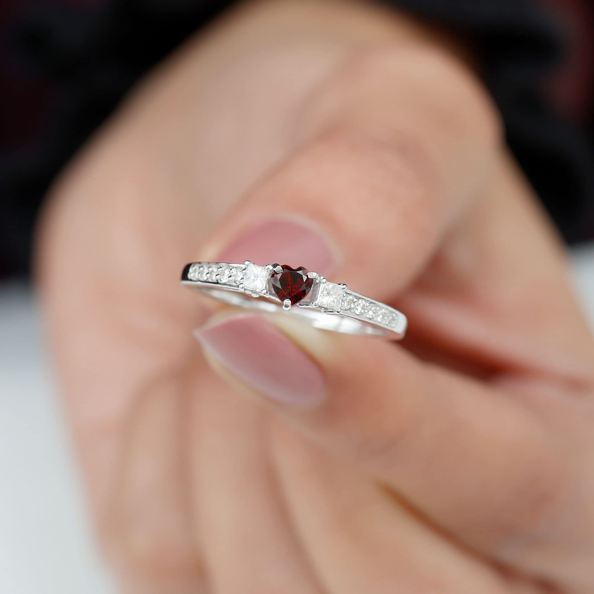 Rosec Jewels 0.75 Cttw Heart Garnet Anniversary Ring with Diamond for Women (AAA Quality), 14K White Gold, Size:US 9.00