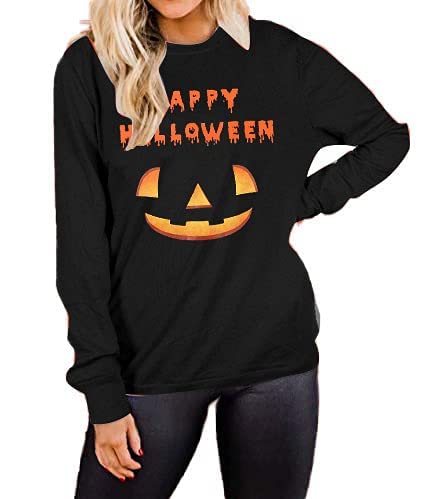 UNIQUEONE Happy Halloween Sweatshirt For Women Pumpkin Face Top Long Sleeve Shirt Crewneck Pullover Black