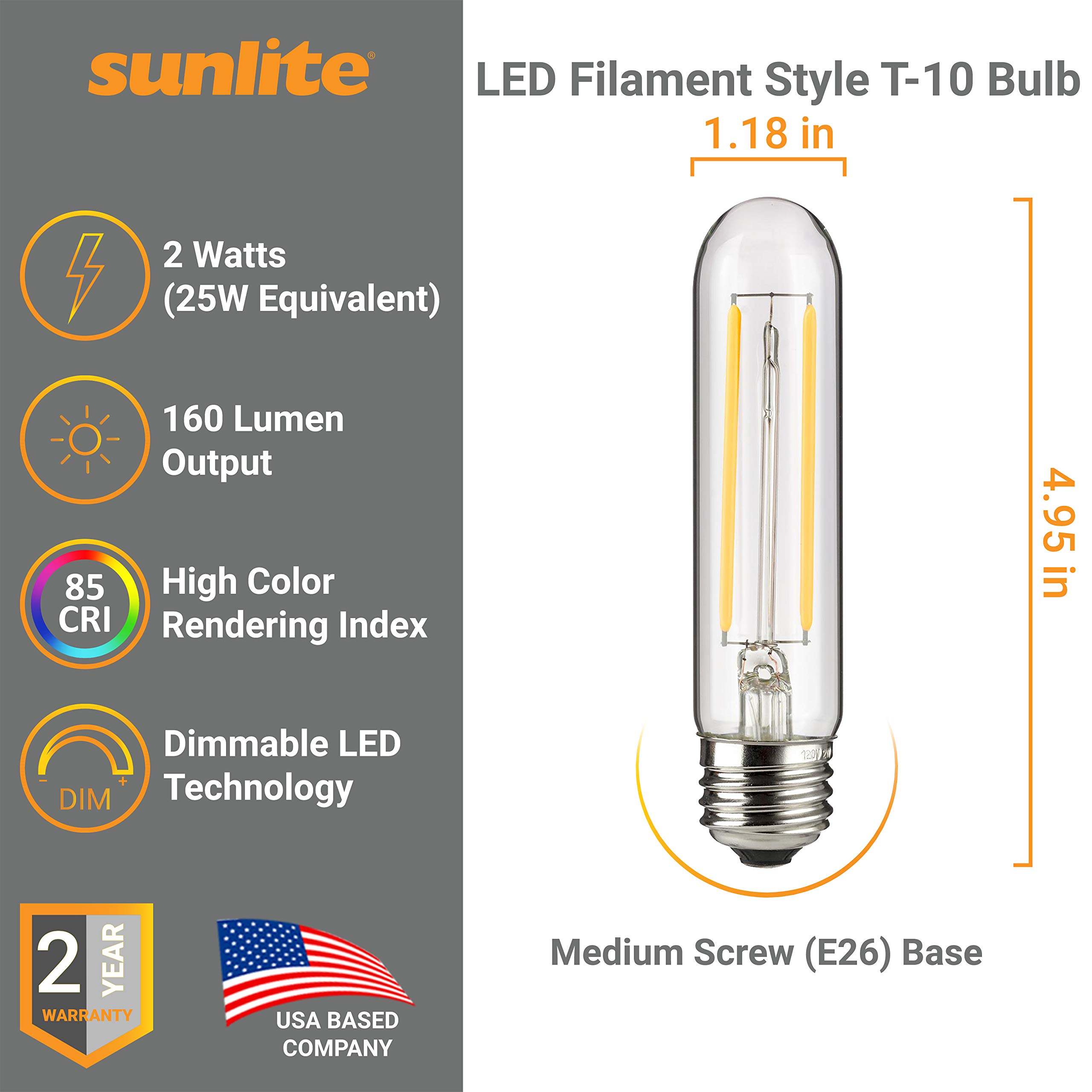 Sunlite 40232 LED Filament T10 Tubular Light Bulb, 2 Watts (25W Equivalent), 160 Lumens, E26 Base, Dimmable, 126mm, 6 Pack 2700K - Warm White