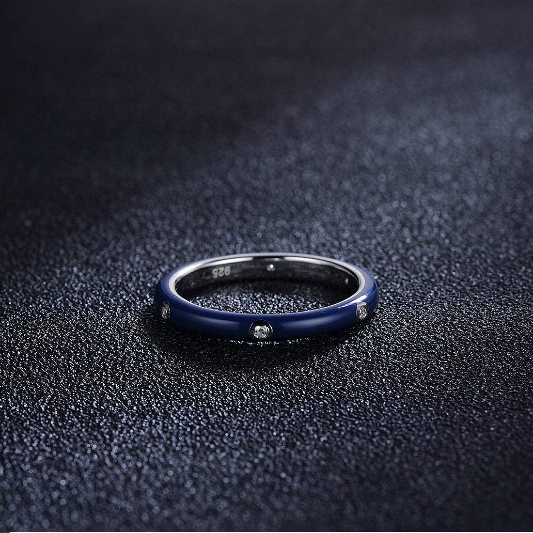 Santuzza Stackable Enamel Ring 925 Sterling Silver Stacking Cubic Zirconia Eternity Colorful Rainbow Band Rings (Small, Navy Blue, 5.5)