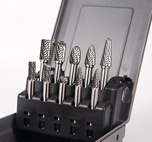 YUFUTOL Carbide Burrs Set 10pcs Double Cut Solid Carbide Rotary Burr Set 1/4" Shank Die Grinder Bits for Steel,Metal Carving, Polishing,Engraving,Drilling