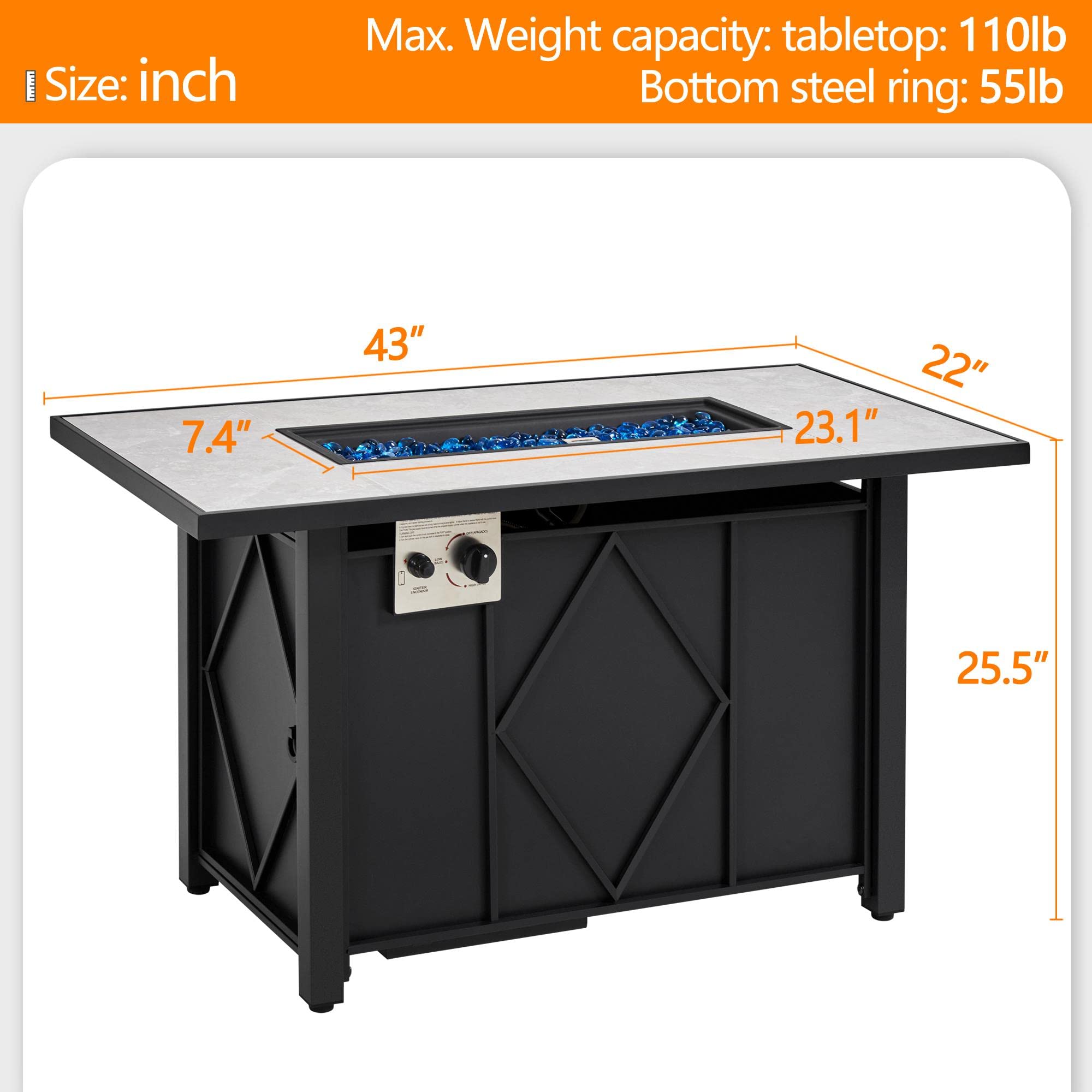 Yaheetech Propane Fire Pit 43 inch Gas Fire Pit Table 50,000 BTU Auto-Ignition 2 in 1 Gas Firepit with Ceramic Tabletop, Steel Base, Glass Fire Stones and Waterproof Cover, CSA Certification
