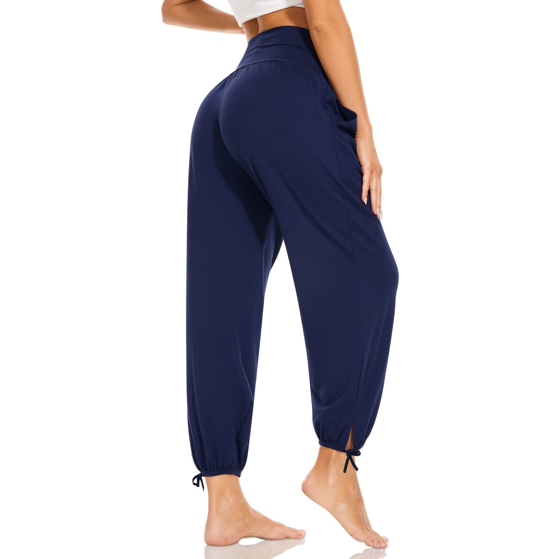 SUNYAA Womens Harem Pants High Waisted with Pockets Soft Comfy Loose Yoga Joggers Casual Lounge Pajamas Sweatpants Navy M