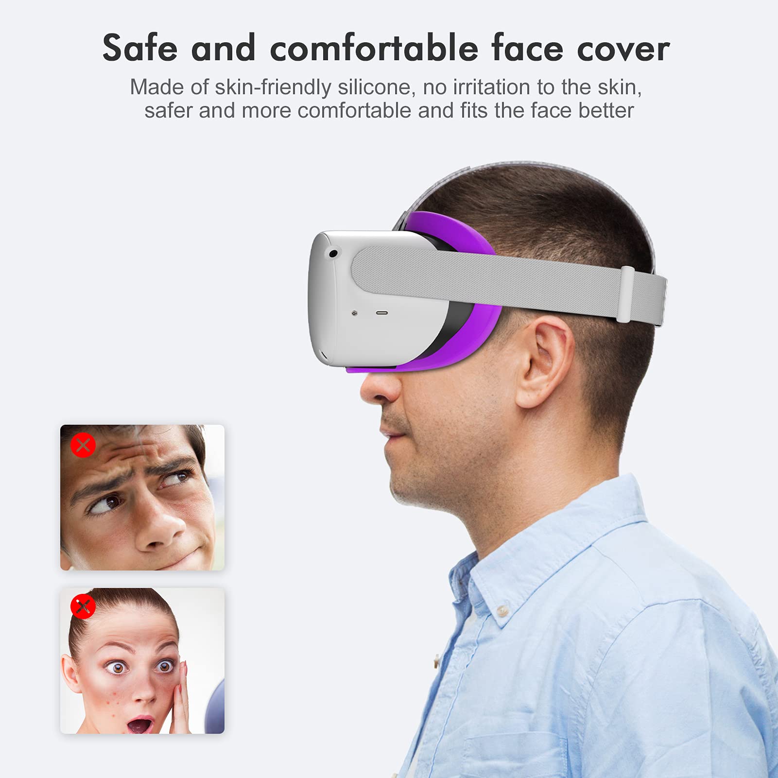 Silicone Face Cover for Oculus Quest 2 & Lens Protective Cover 2 Pairs, EWalos VR Headset Cover Replacement Accessories, Reduce Face Pressure, Sweatproof and Enhance Comfort(Black+Purple)