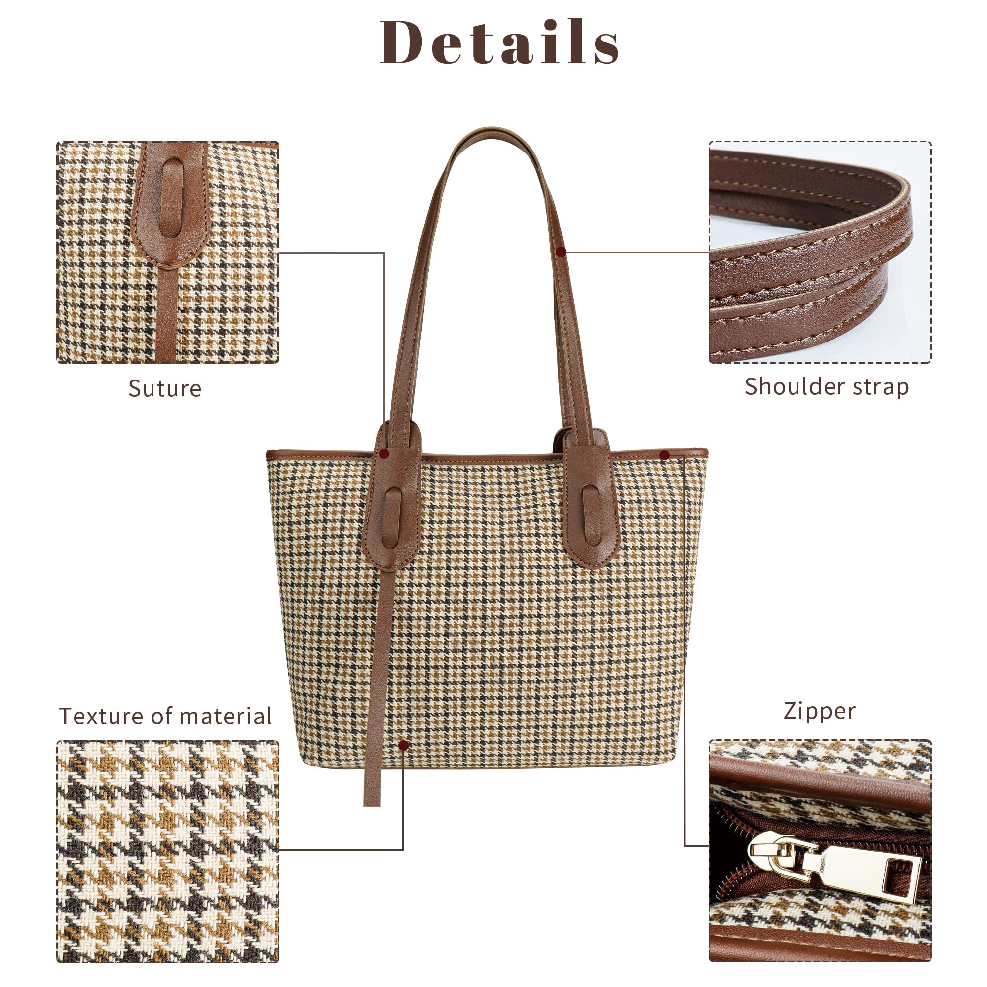 Whale Power Tote Bag for Women Houndstooth Shoulder Handbags Medium Size Purses with Zipper Brown