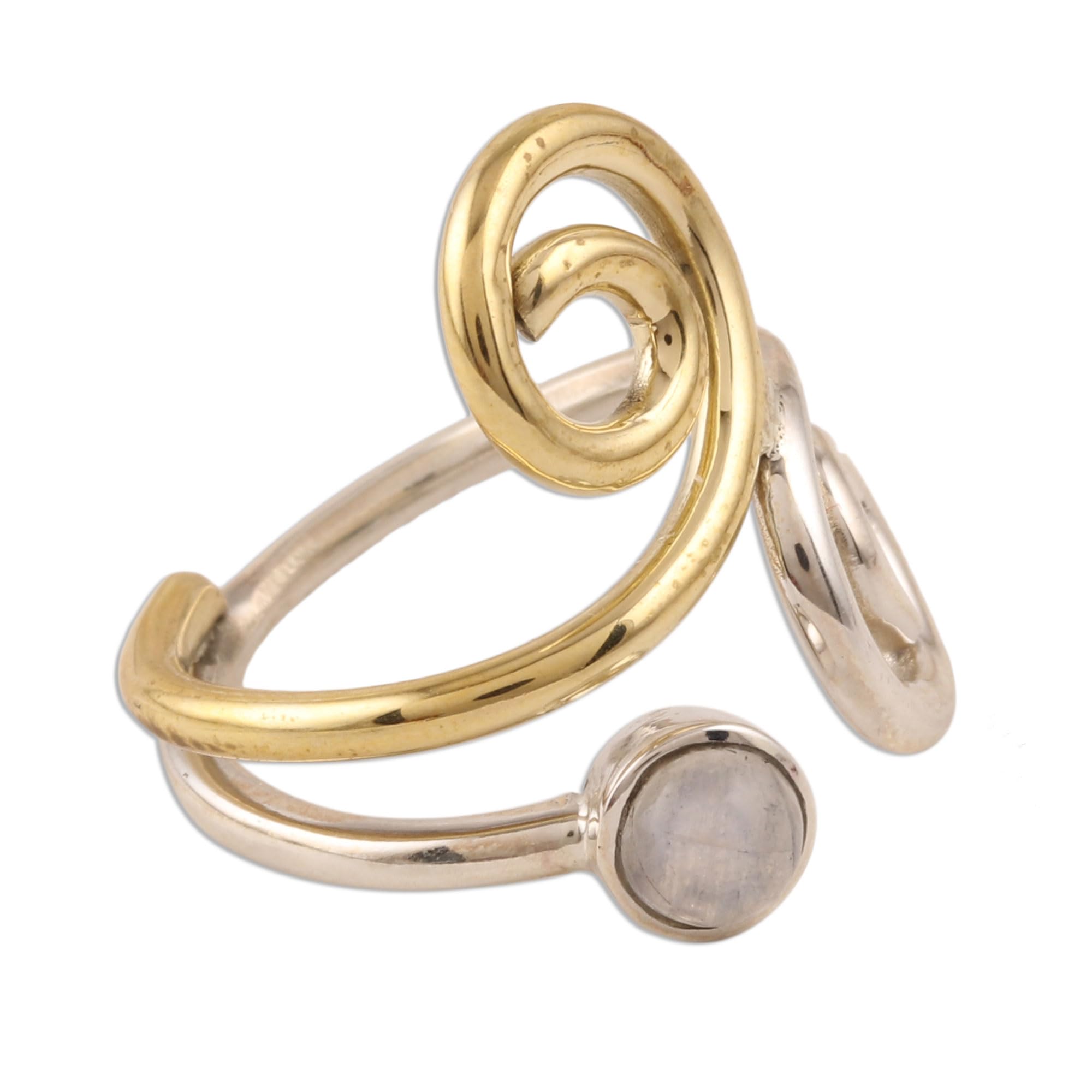 NOVICA Artisan Handmade Rainbow Moonstone Band Ring with .925 Sterling Silver Brass India Gemstone 'Curling Union'