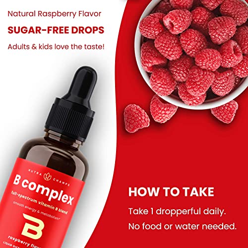 NutraChamps Vitamin B Complex Liquid Drops | B Vitamins Complex Supplement with B1, B2, B3, B6, B7, B9 & Methyl B12 Drops for Adults & Kids | Vegan Berry Flavor 2oz | 60 Servings / 2 Month Supply