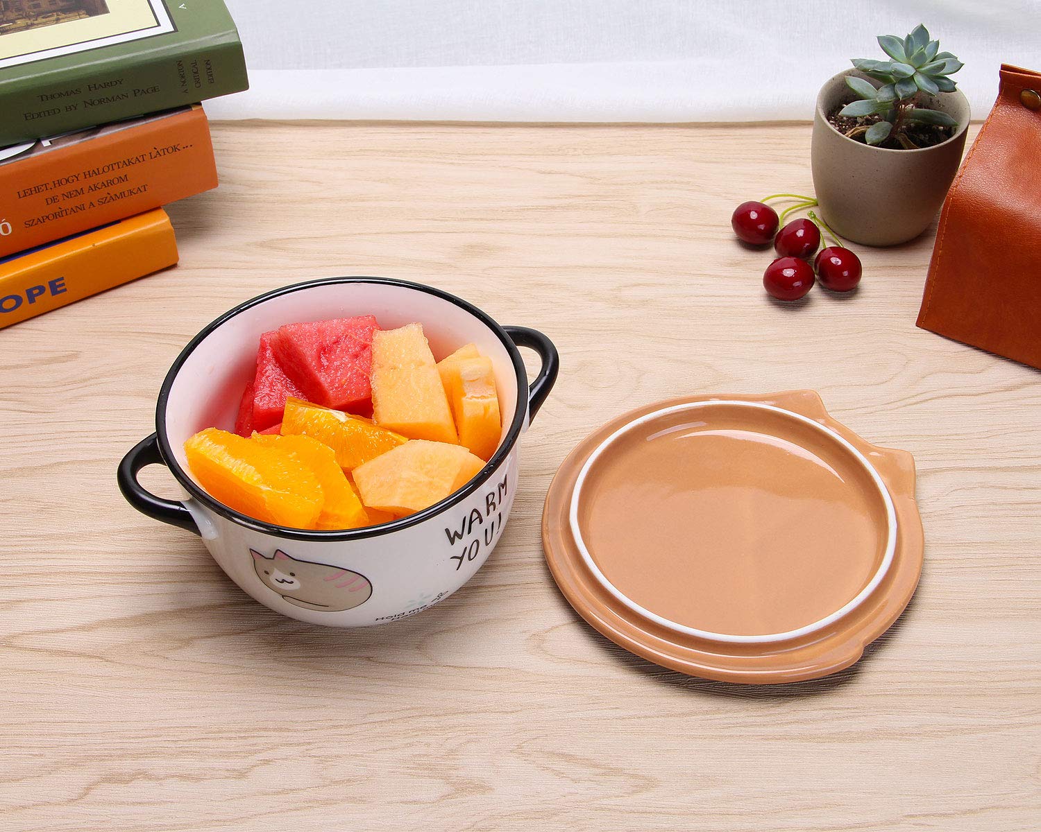 VanEnjoy Big Capacity 24oz 3D Cute Cartoon Microwave Ceramic Soup Cat Bowl Instant Noodle Bowl Cereal Bowl for Salad Fruit Vegetable with Ceramic Kitty Cat Lid and Handles (coffee)