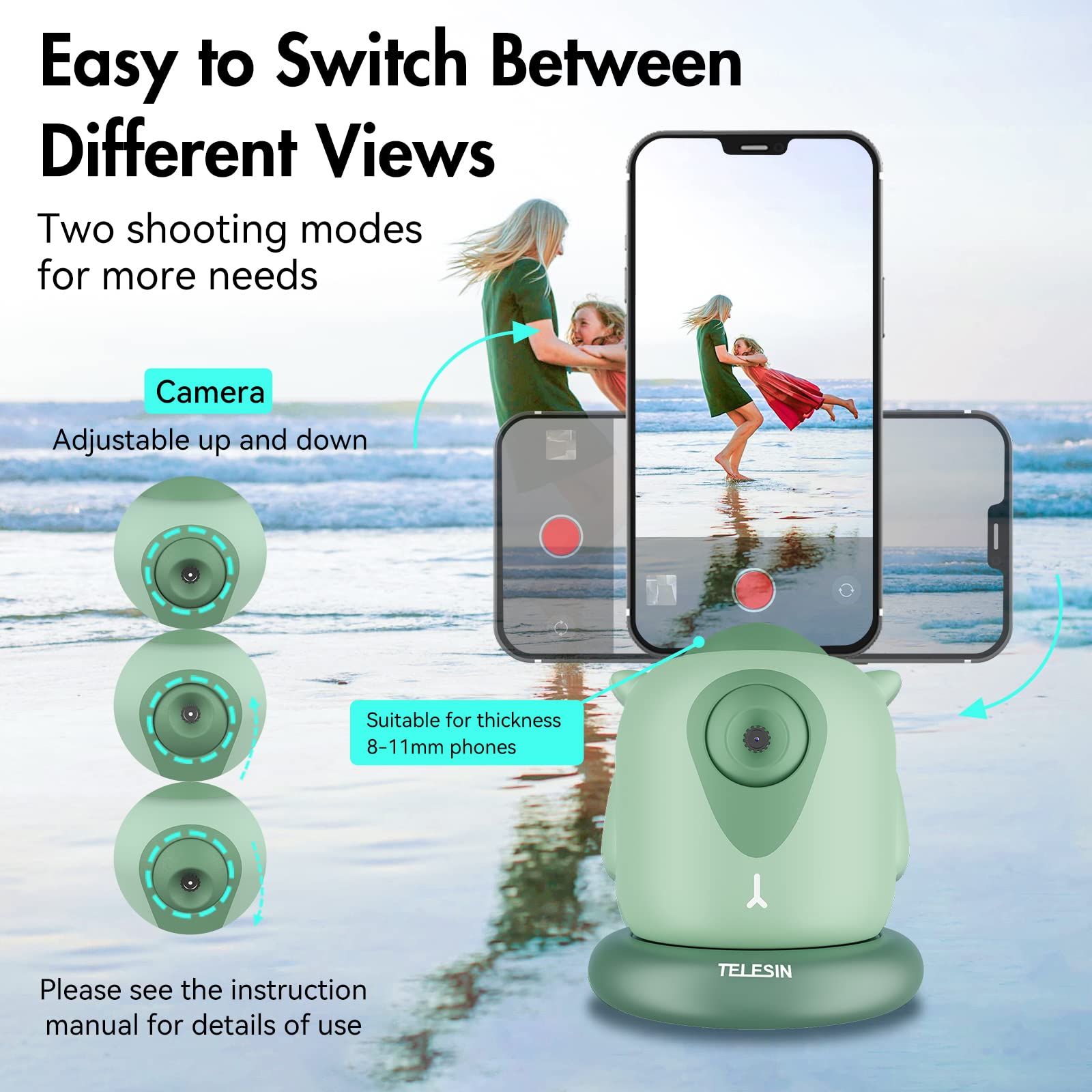 TELESIN Selfie Auto Tracking Phone Mount 360 Rotation Fast Face Object Tracking Holder for GoPro Insta360 Action Camera Phones SLR Mirrorless Video Vlog Live Streaming Meeting (Light Green)