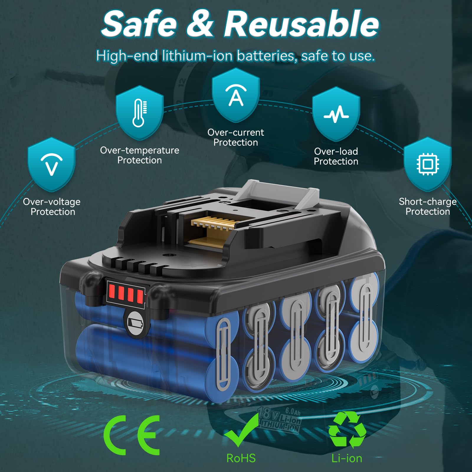 Replacement for Makita 18V Battery 6.0Ah Compatible with Makita 18 Volt Battery Lithium-ion BL1860B BL1860 BL1850 BL1850B BL1840 BL1830 Compatible with Original Makita 18V Battery Chargers
