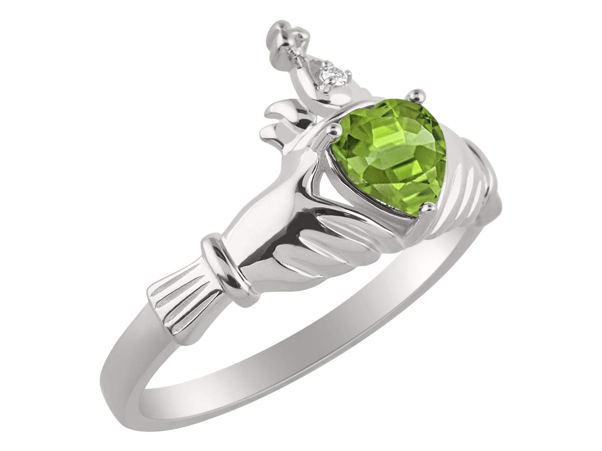 Rylos Rings Sterling Silver Claddah Love, Loyalty & Friendship Ring Heart 6MM Gemstone & Diamond Claddagh Rings August Peridot Jewelry Size 11