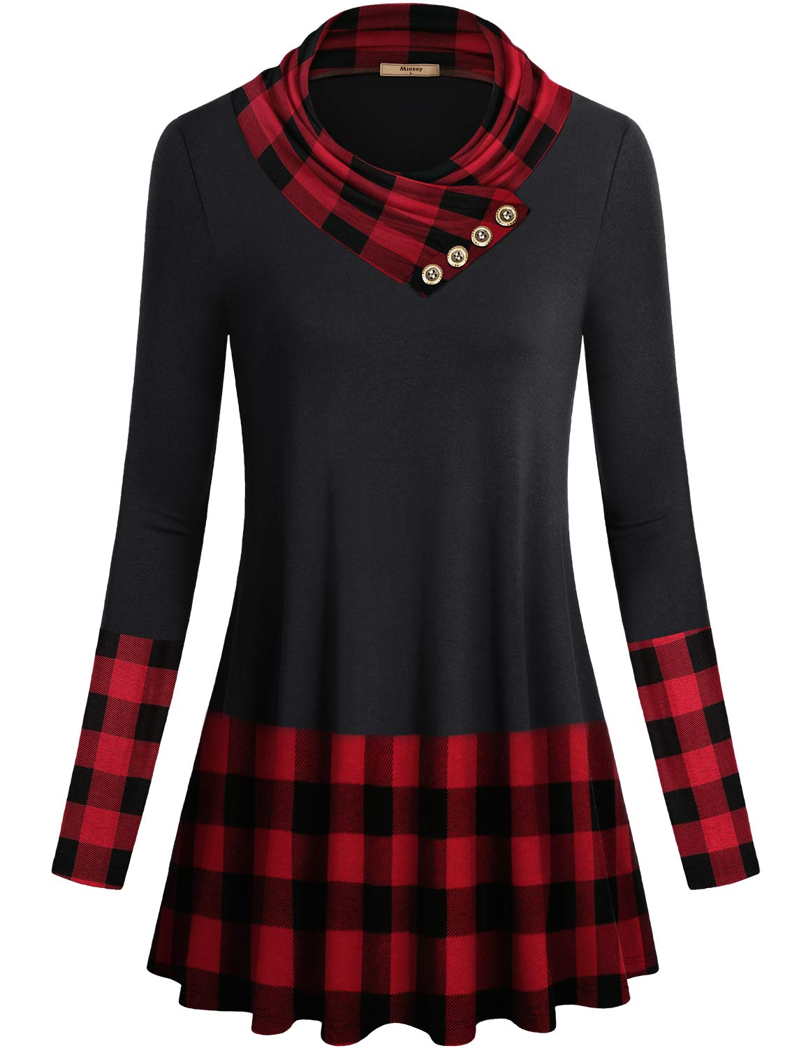 Miusey Tunics for Womens to Wear with Leggings,Female Vintage Black and Red Plaid Shirts Long Sleeve Color Block Clothing Comfy Flow Pleated Dress Tops Cute Christmas Outdoor Red M