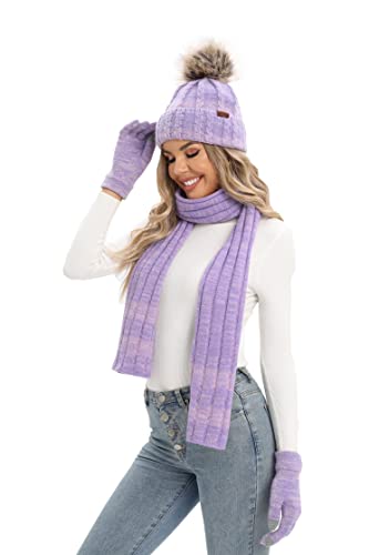 NATUST 3 Pieces Winter Knit Beanie Hat Warm Scarf and Touch Screen Gloves Set Warmer Gloves Set with Fleece Lined Purple
