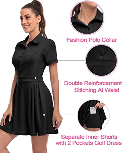 Soneven Women Golf Tennis Polo Dress Short Sleeve Workout Athletic Dresses with Pockets Black