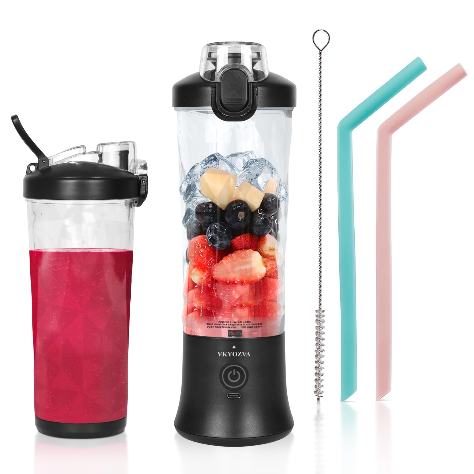 Portable Blender, VKYOZVA Personal Blender for Shakes and Smoothies, 20 OZ Mini Blender with 6 -leaf Sharper Blades, USB Rechargeable Blender Travel Lid with 2 Straws For Home, Kitchen, Office, Gym