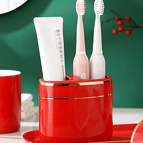 Soap Dispenser Bathroom Accessories Ceramic Set Complete 6 Piece Red - Bath Decor Kit Includes Soap Dispenser Toothbrush Holder Tumbler Soap Dish and Tray, For Wedding Soap Dispenser for Bathroom Kitc