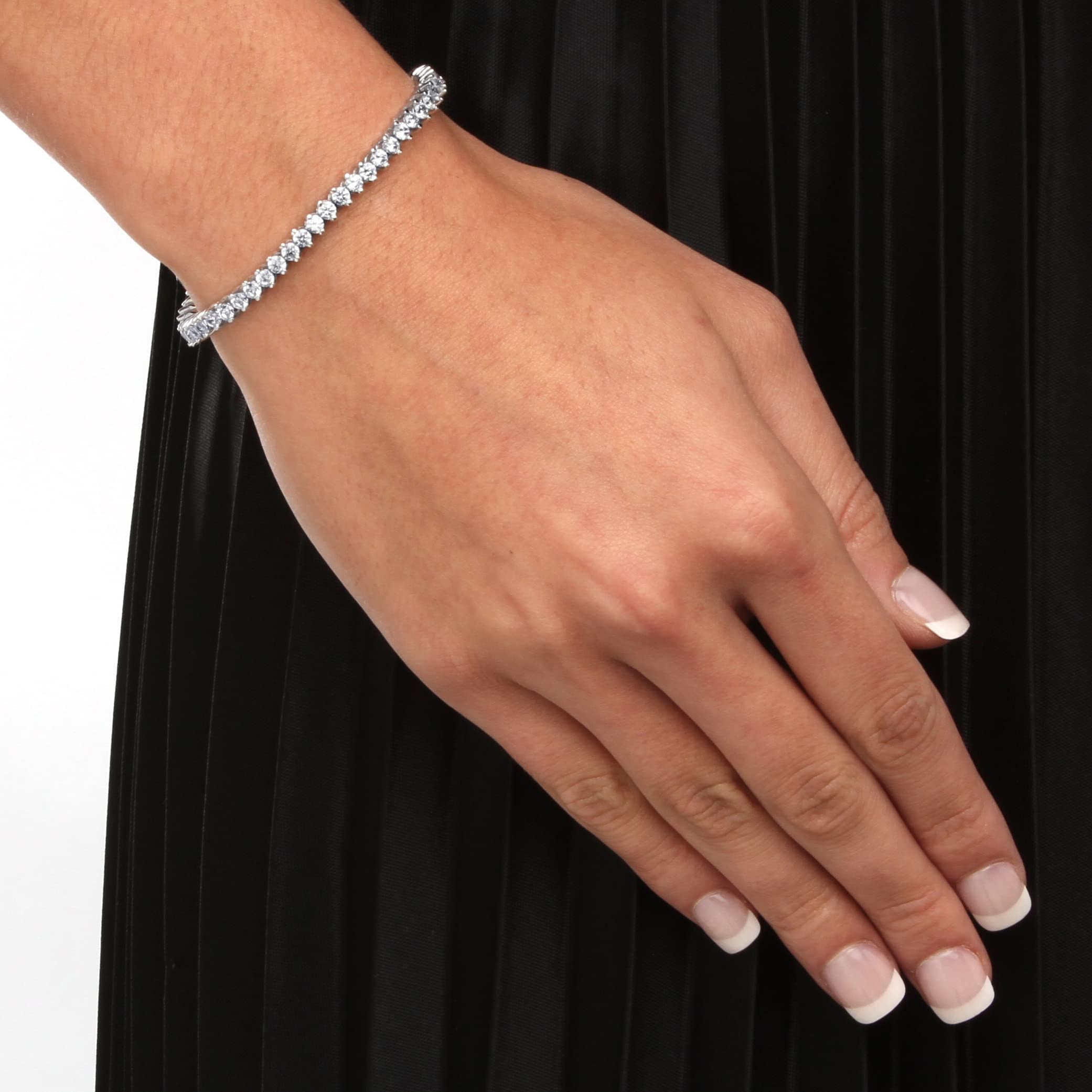 PalmBeach Platinum Plated Round Cubic Zirconia Tennis Bracelet (3mm), Box Clasp, 7.5 inches