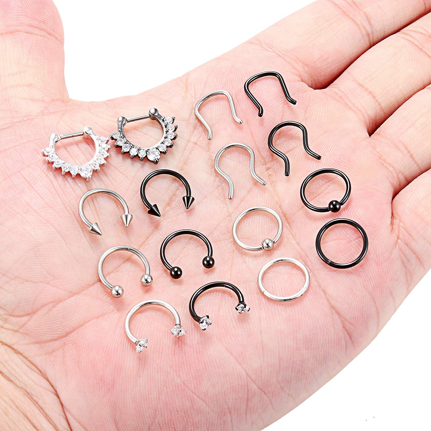 Ruifan 16PCS 16G Stainless Steel Septum Clicker Ring Piercing Nose Rings Hoop Tragus Cartilage Retainer Body Piercing Jewelry Clear CZ Silver And Black