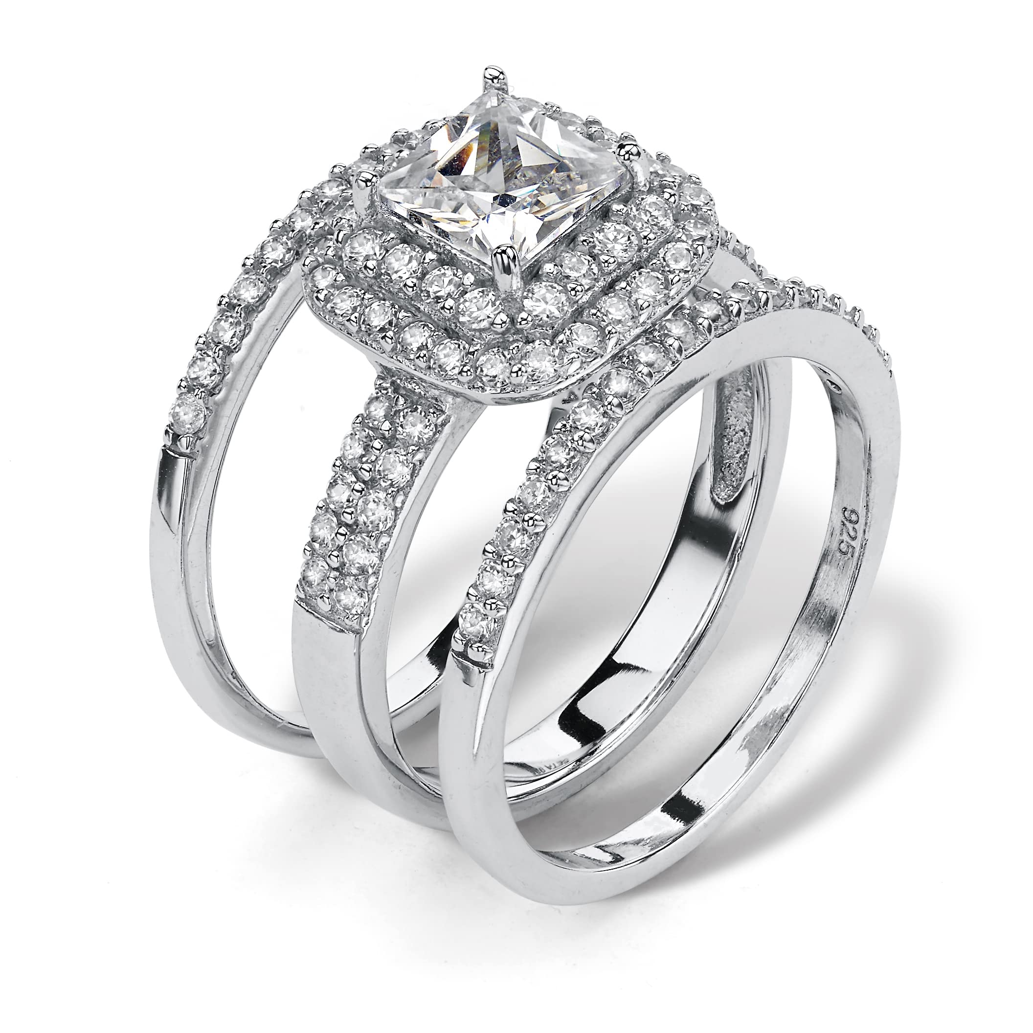 PalmBeach Platinum-plated Sterling Silver Princess Cut Cubic Zirconia Halo 3 Piece Bridal Ring Set Sizes 5-10 Size 7