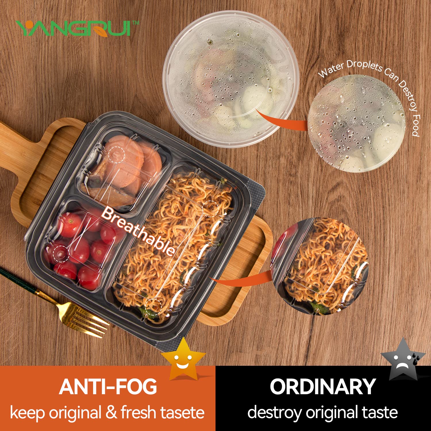 YANGRUI Clamshell Food Containers, Large Capacity 45 Pack 9.5 Inch 38 oz Anti-Fog Leak Proof Shrink Wrap 3 Compartment To Go Containers BPA Free Microwave Freezer Safe Plastic Meal Prep Container