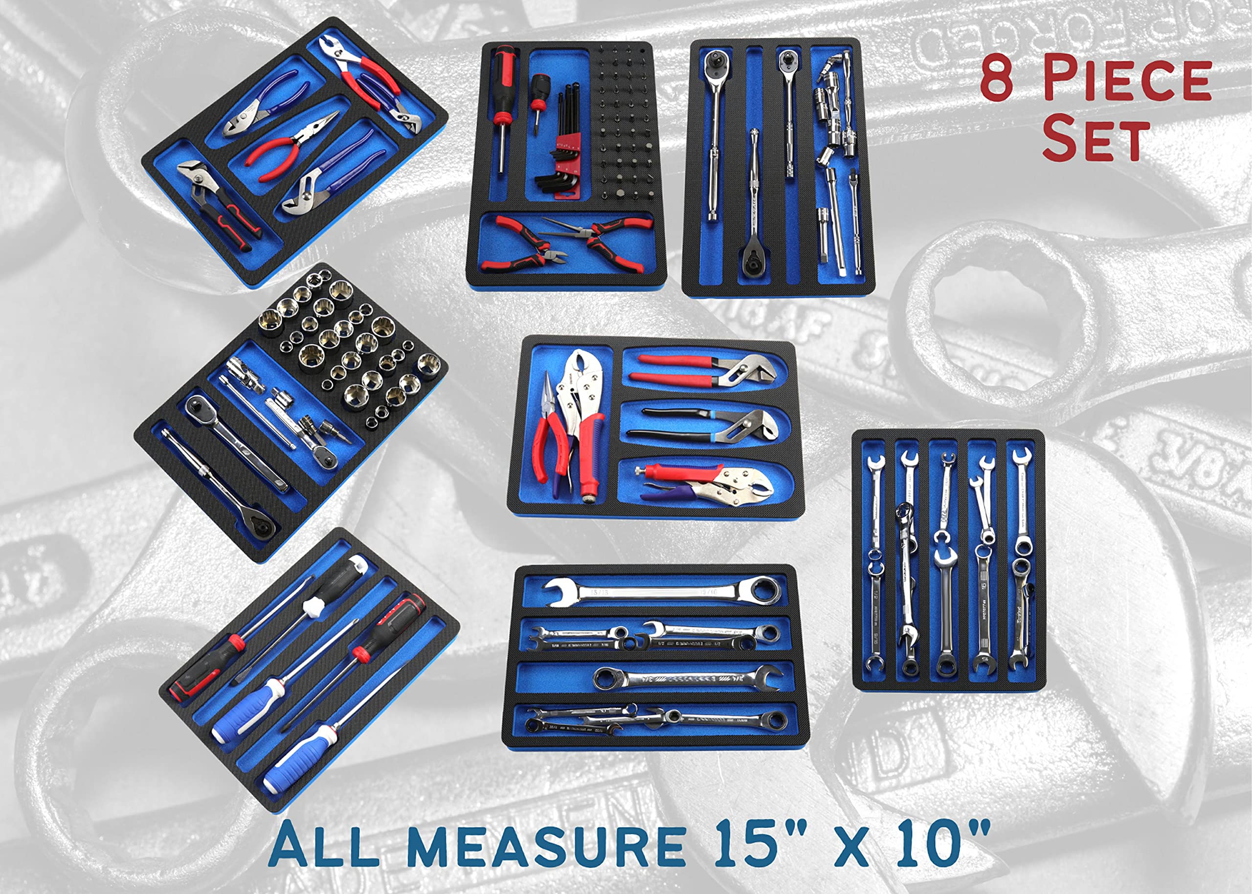 Polar Whale Tool Drawer Organizer 8-Piece Insert Set Blue and Black Durable Foam Holds Many Tools and Accessories 15 x 10 Inch Trays Fits Craftsman Husky Kobalt Milwaukee Many Others