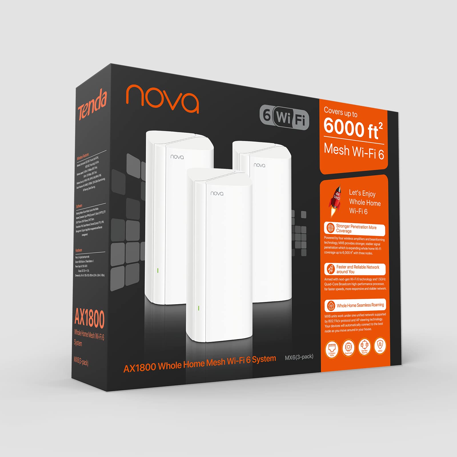 Tenda AX1800 Mesh WiFi 6 System Nova MX6-6000 Sq.Ft WiFi Coverage - Whole Home WiFi Mesh System - 1.5 GHz Quad-Core CPU - Dual-Band Mesh Network for 160+ Devices - 3 Gigabit Ports per Unit - 3-Pack