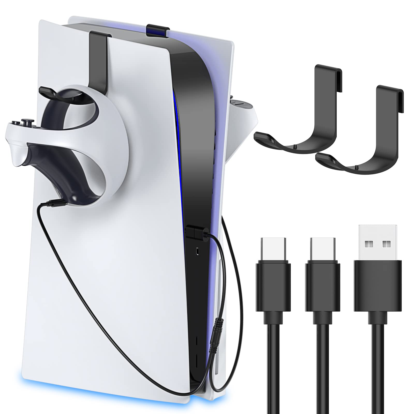 YUANHOT Controller Charging Cable and Mount for PS5/PSVR2,2-in-1 Charger Cord Kit Games Storage Charger Controller Accessories for PS5/ PSVR2