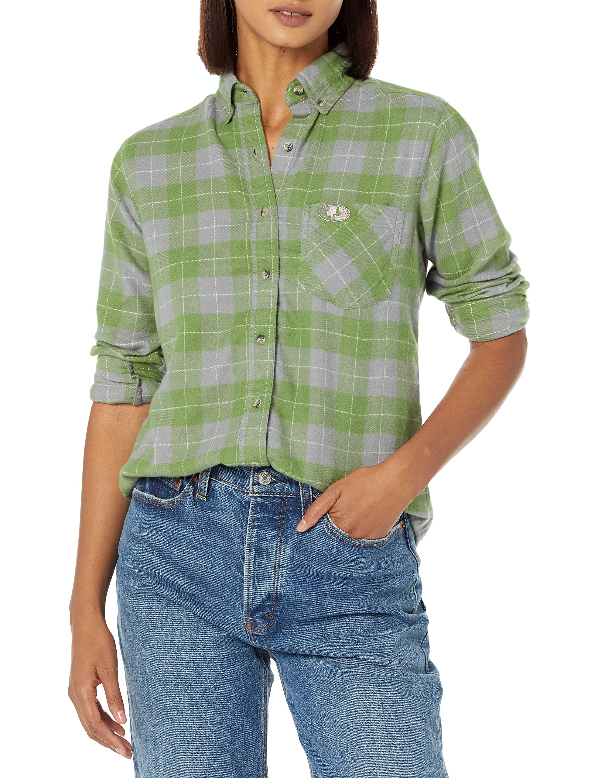 Mossy Oak Petite Womens Flannel Shirt, Buffalo Plaid Shirts for Women, Olive Buffalo Check, Large