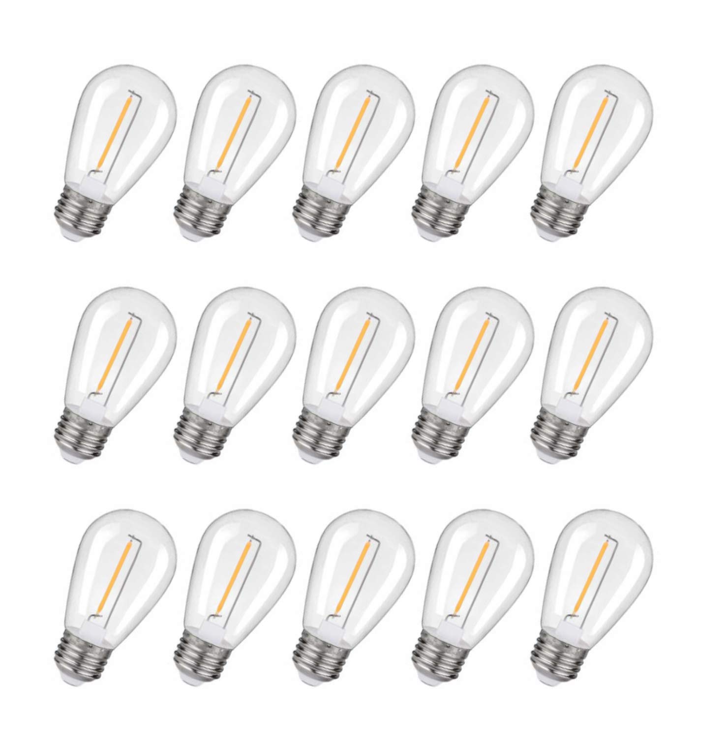 Shatterproof & Waterproof S14 Outdoor String Light Bulb–1W S14 led Bulb-Use to Replace 11W, Warm White 2200K,70LM,Plastic Bulbs, E26 Base(15 Pack)