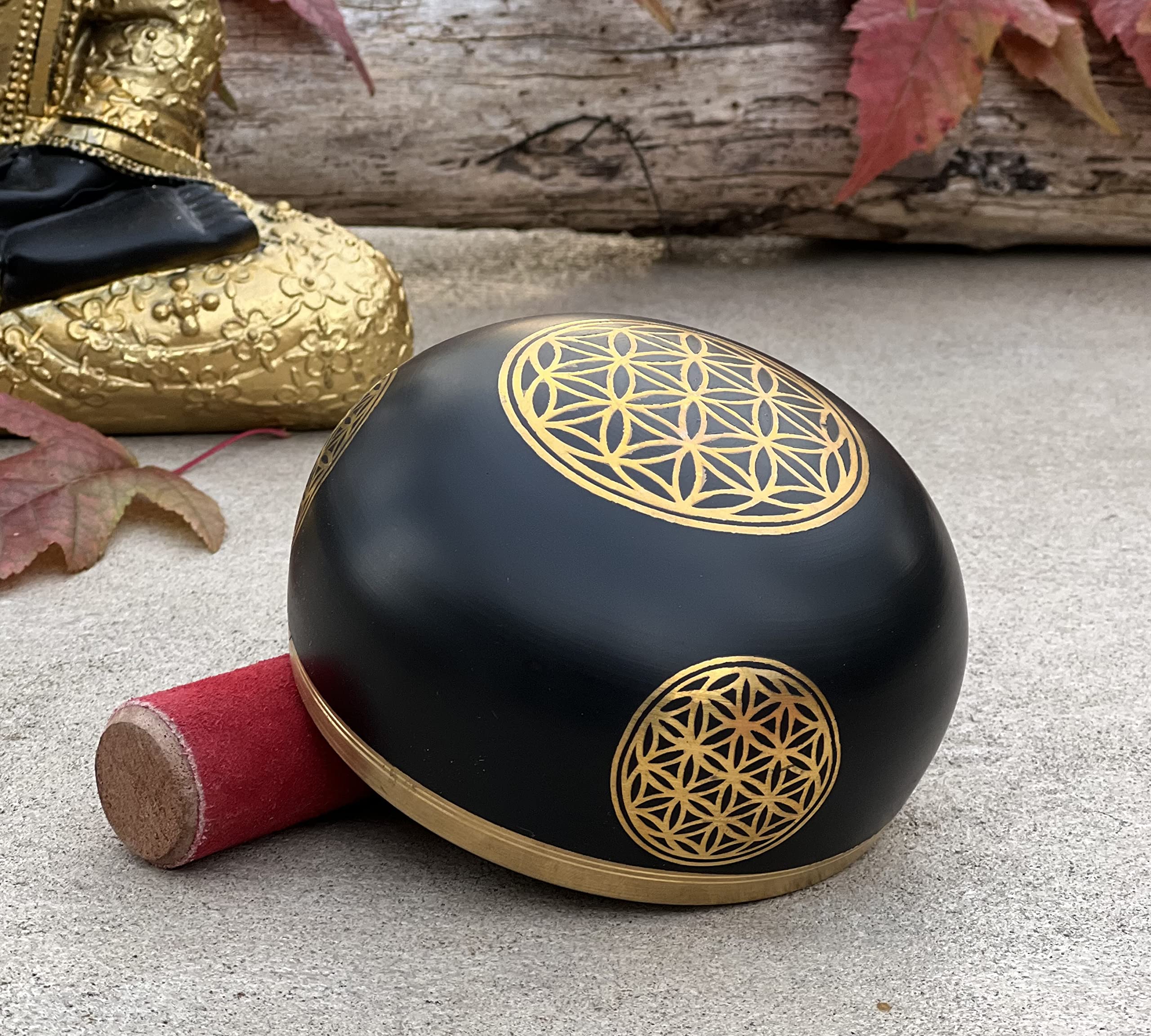 Tibetan Flower Of Life Singing Bowl Mallet Cushion Set ~ For Meditation, Yoga, Spiritual Healing and Mindfulness ~ Medium (Black)