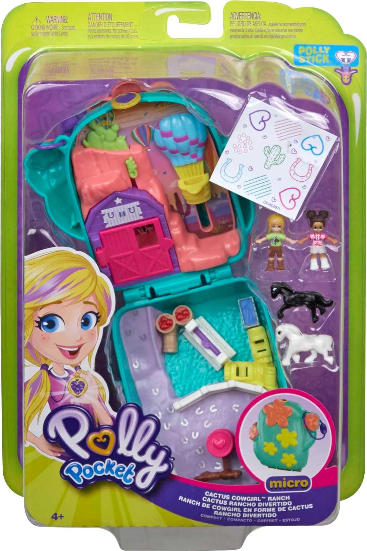 Polly Pocket Playset, Travel Toy with 2 Micro Dolls & Pet Horses, Pocket World Cactus Cowgirl Ranch Compact