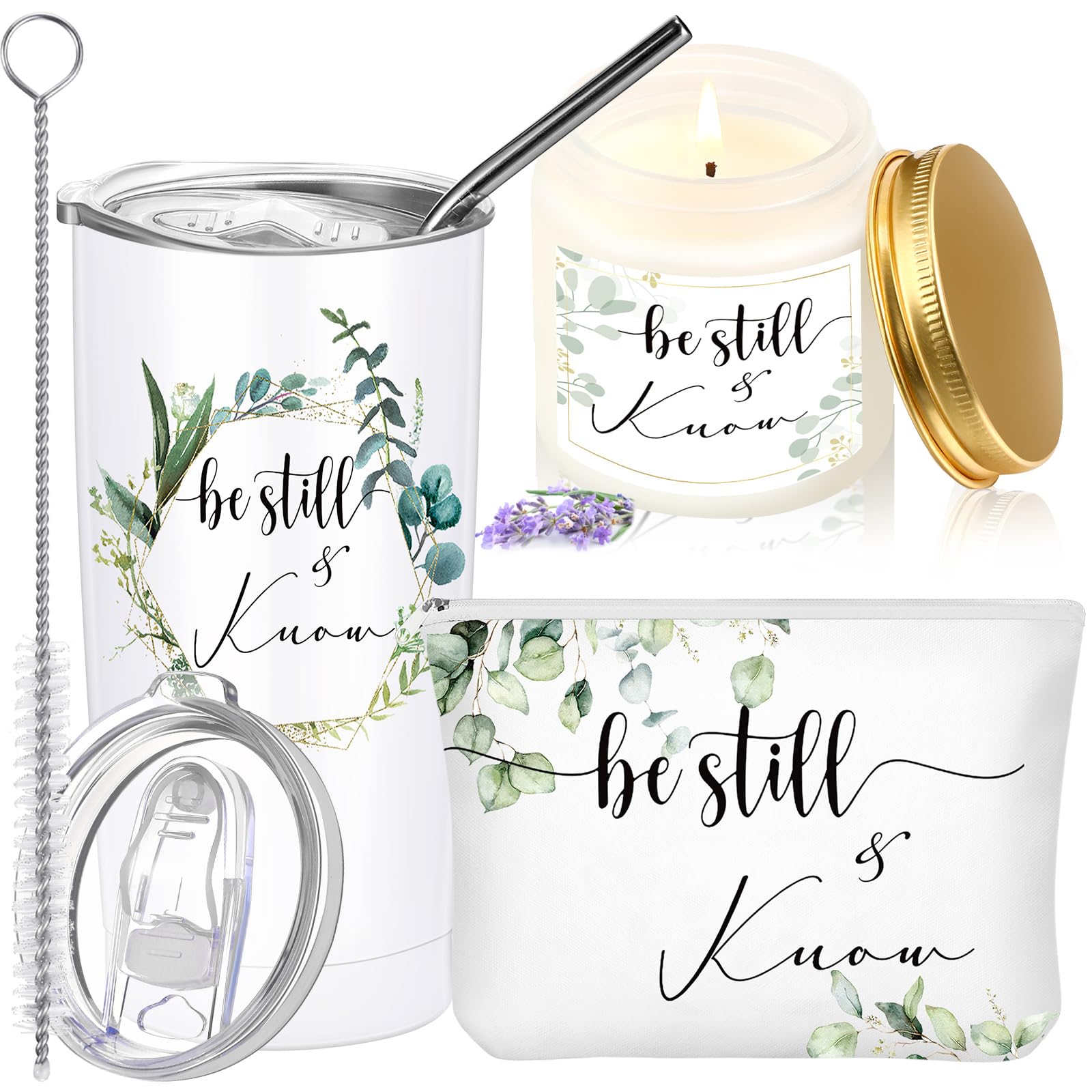 Sieral 3 Pcs Christian Gifts for Women Faith Be Still and Know Be Strong and Courageous Inspirational Travel Mug Tumbler Christian Prayer Candle Religious Bible Verse Cosmetic Bag for Mother(Still)