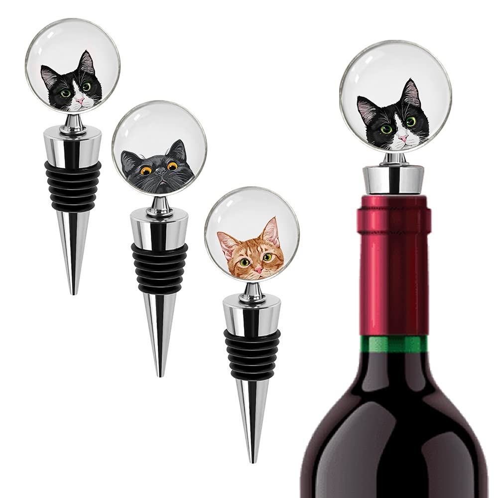 WIRESTER Set of 3 Stainless Steel Decorative Wine Bottle Stoppers For Bar, Holiday, Party, Wedding - Orange Tabby Cat, Black Bombay Cat, Tuxedo Cat