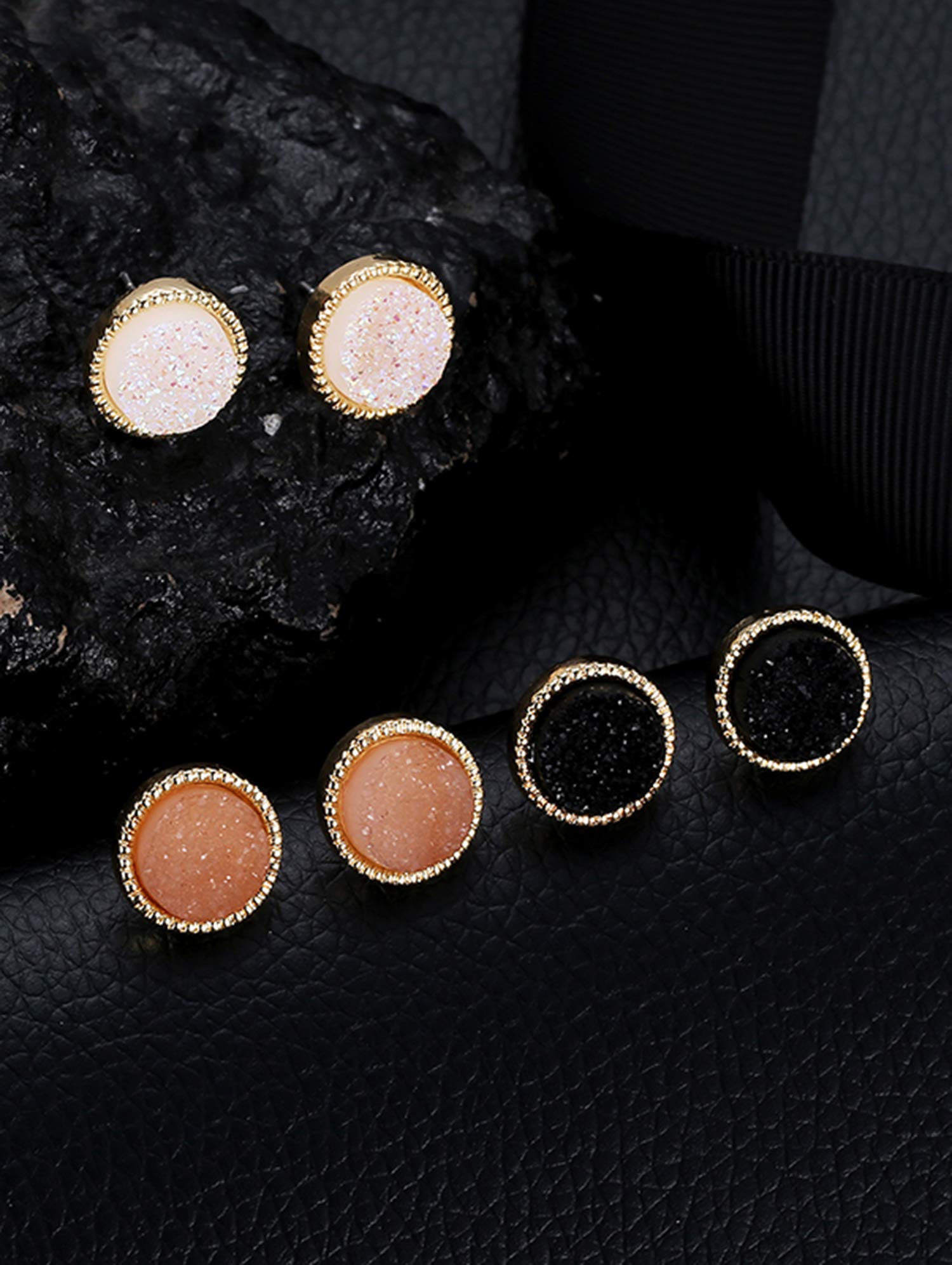 Ofeiyaa 9 Pairs Round Stud Earrings Stainless Steel Cute Druzy Crystal Studs Earrings Pierced for Women Ladies 10mm 20G