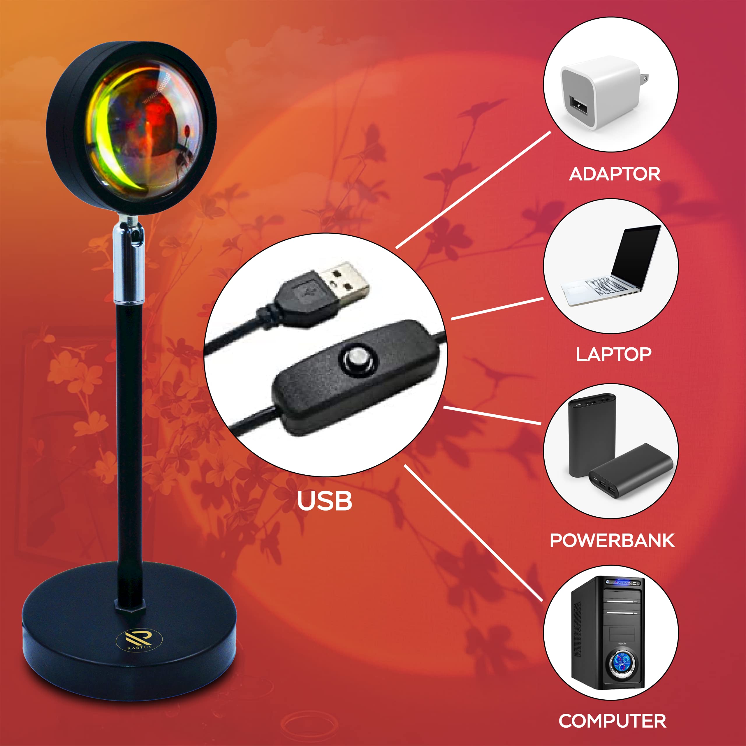 Sunset Lamp LED Sunset Projection Lamp 180 Degree Rotation Adjustable Height Night Rainbow Light USB Projector Golden Hour Artistic Sunlight Lamp Home Living Room Décor Sunset Light for Photography