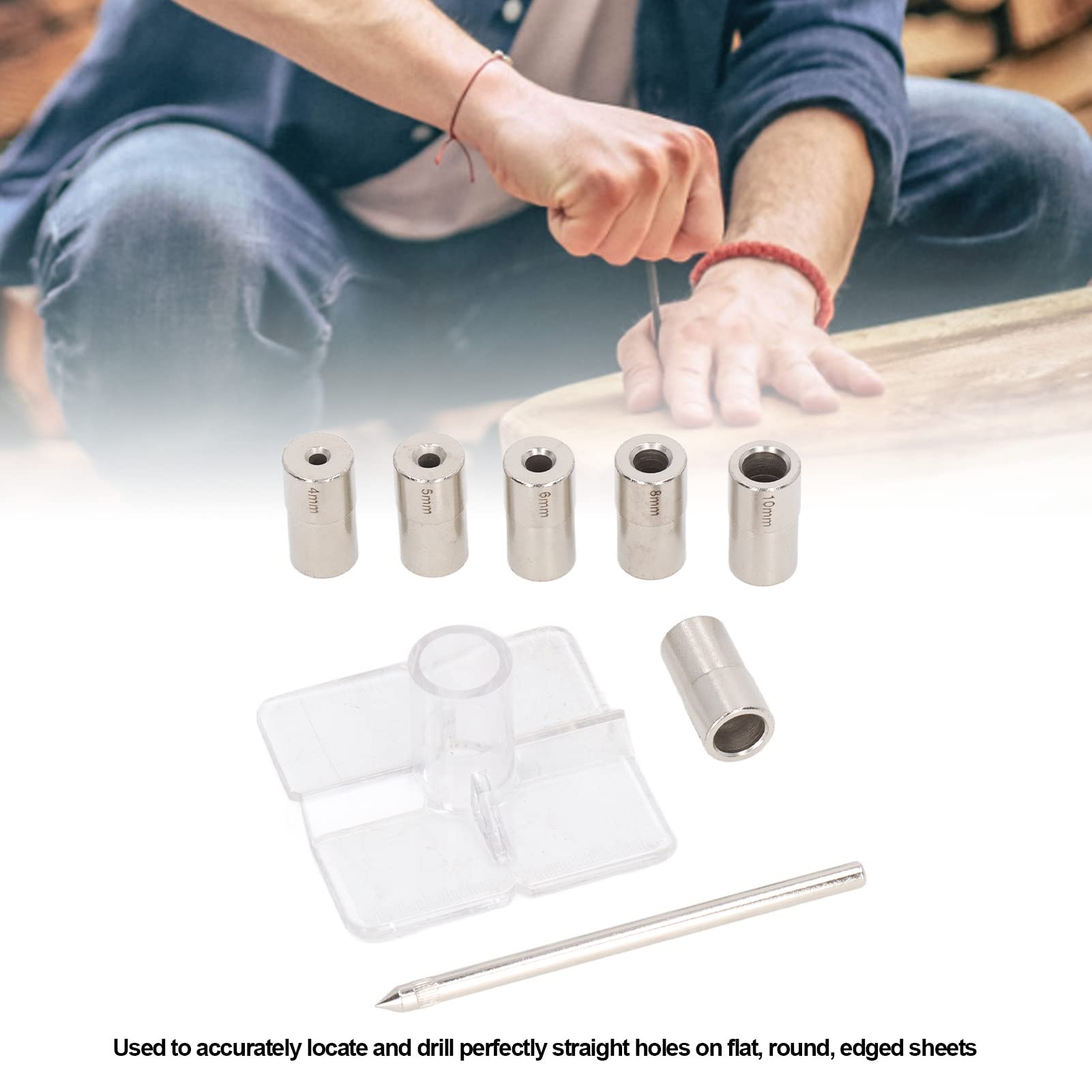 Orenic 8 Pcs Self Centering Dowel Jig Kit, 6 Size Inner Diameter Alloy Steel Drill Bushing Drill Bit Guide Centering Punch Set, Drill Guide Bushings Set, Wood Dowel Jig Woodworking Joints Tools