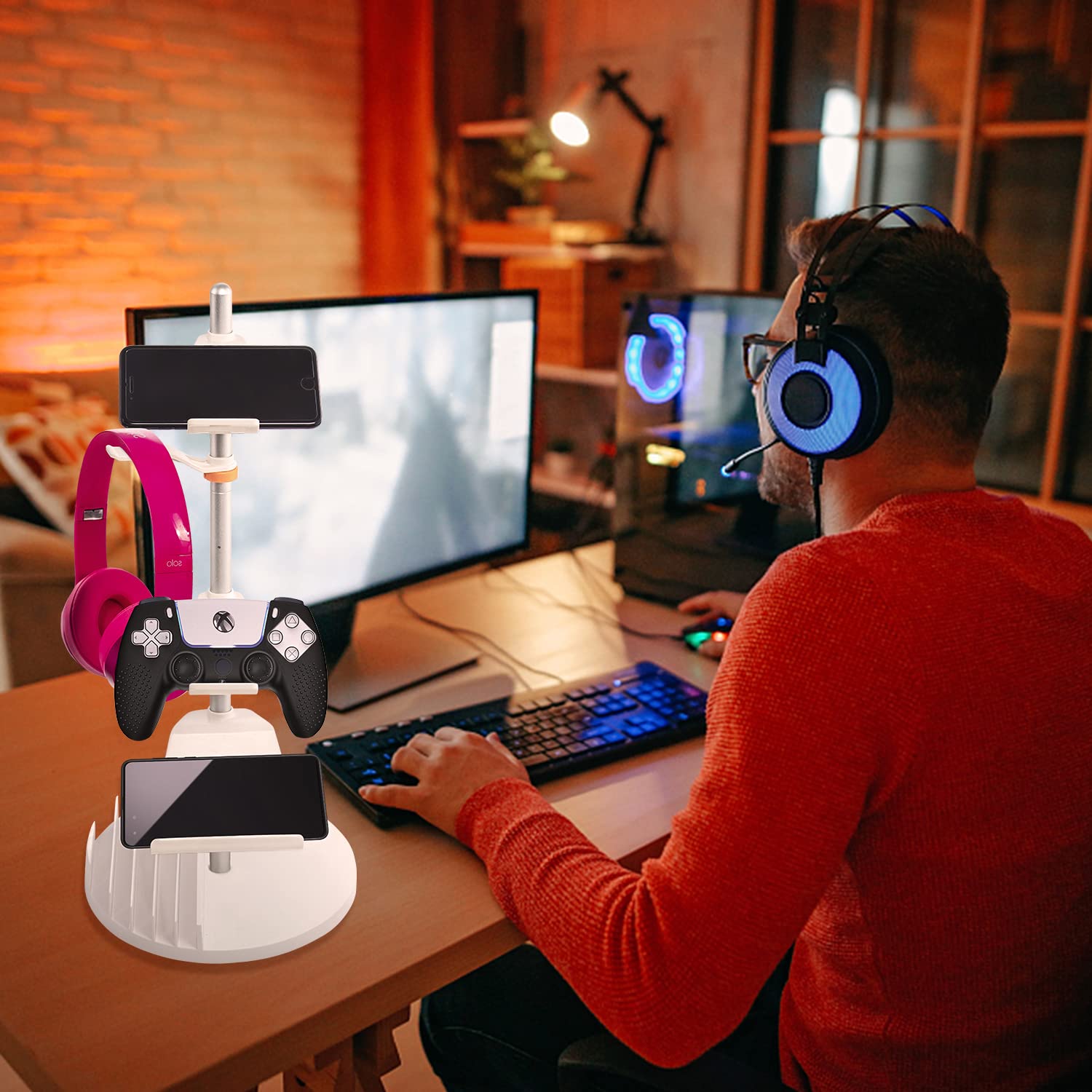 TGS Headphone Stand Controller Holder Multi-Space Adjustable Headset Holder Gaming Desk Accessories for All Universal Gaming PC Accessories Xbox PS4 PS5 Nintendo Switch